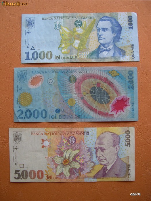 Lot de trei bancnote: 1000 + 2000 + 5000 lei 1998-1999 | arhiva Okazii.ro