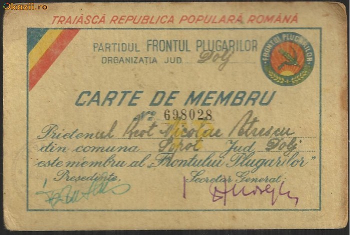 Carte de membru Partidul Frontul Plugarilor 1949 (timbre 30 si 50 lei ...