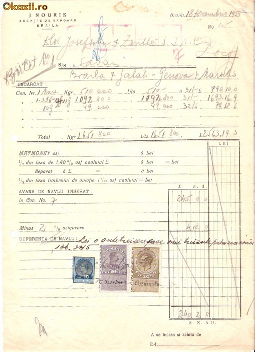 270 Document vechi fiscalizat-1939 - J. Nourik, Agentie de Vapoare ...