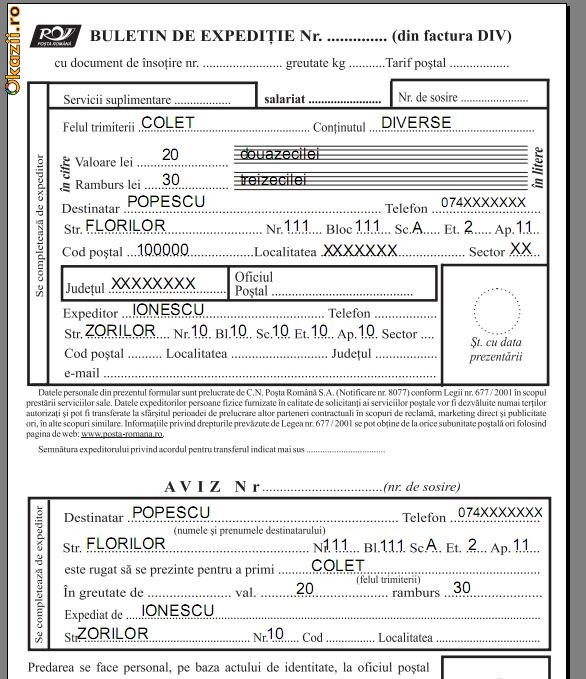 Buletin de expeditie | arhiva Okazii.ro