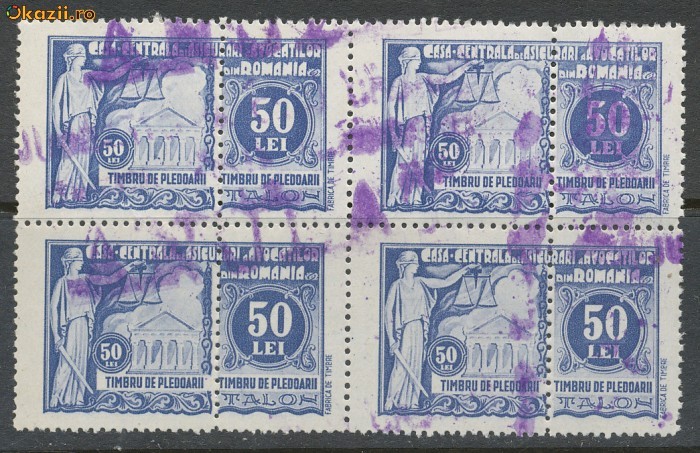 Romania anii 30 timbru fiscal pt avocati 50 Lei stampilat in bloc de 4 ...