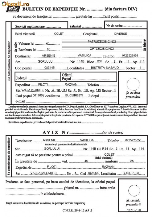 Formulare Expediere Posta Romana, Buletin de Expeditie + Mandat Postal ...