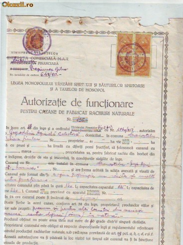 A92 Acte Autorizatie Functionare Cazan Rachiu 5 timbre 100lei | arhiva ...