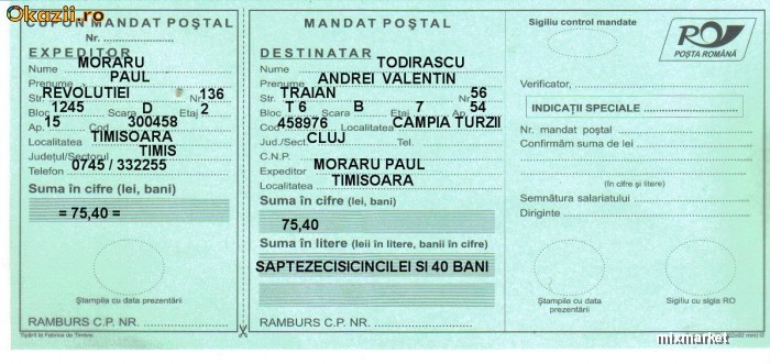 FORMULARE POSTALE PRINTABILE ( Posta Romana ) BULETIN EXPEDITIE MANDAT ...