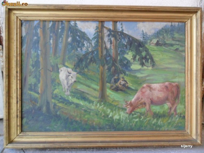 VACUTE LA PASCUT, pictura veche ulei pe panza, Peisaje, Realism | Okazii.ro