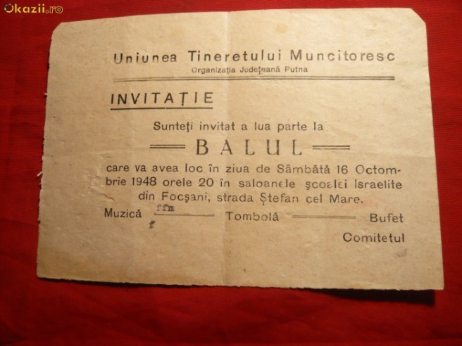 Invitatie la Bal a UTM in Focsani 1948 | arhiva Okazii.ro