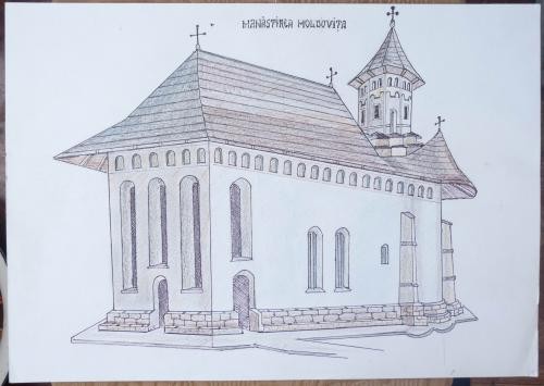 Manastirea Moldovita , desen de Lelcu , pictor de biserici , semnat ...