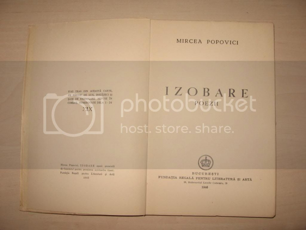 MIRCEA POPOVICI - IZOBARE-POEZII (PRIMA EDITIE ) 1946 - EXEMPLARUL NR ...