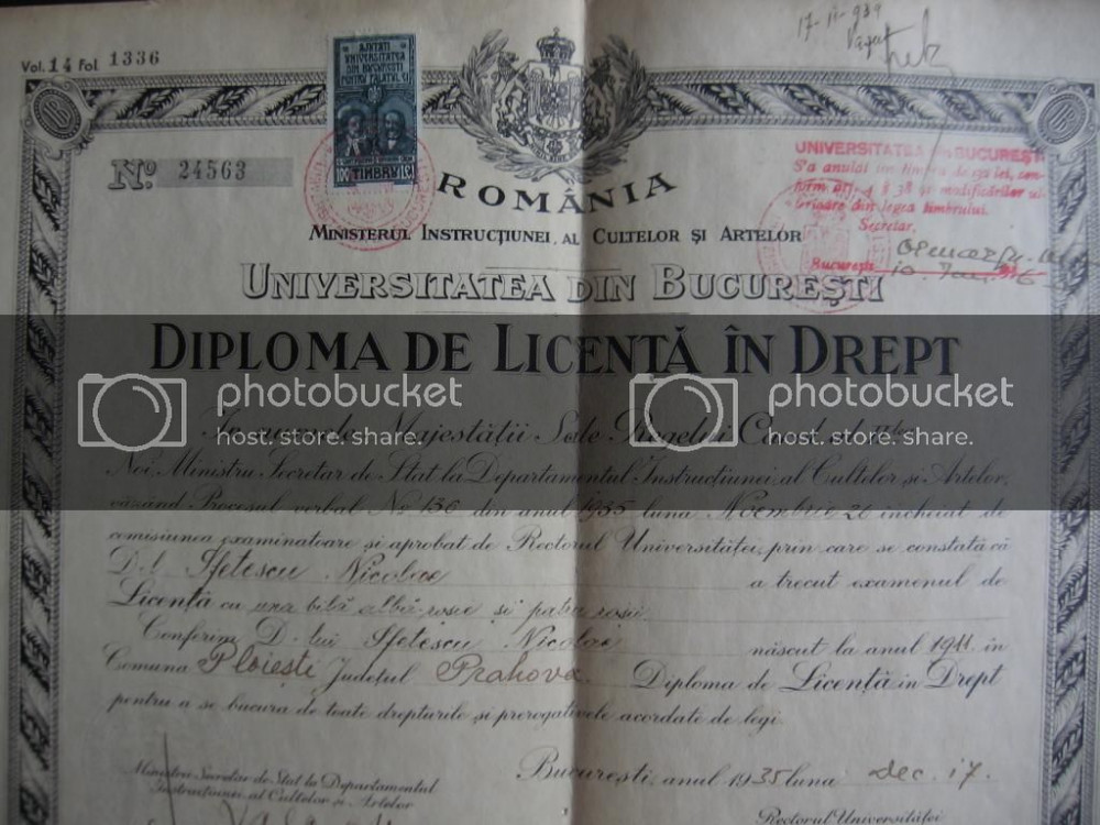 DIPLOMA DE LICENTA IN DREPT - UNIVERSITATEA DIN BUCURESTI = 1935 ...
