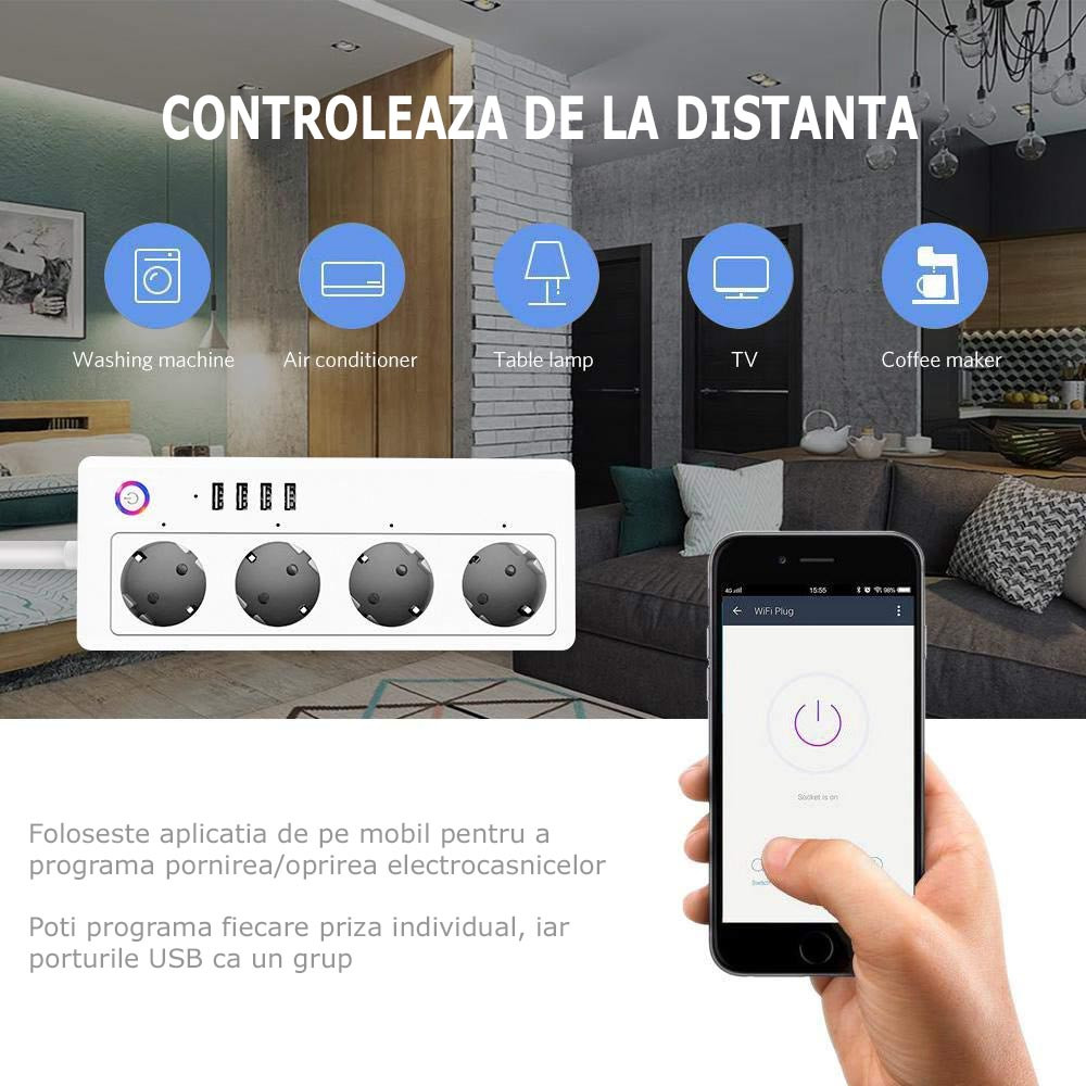 Prelungitor Priza Smart Techstar? A26, Wireless 2,4GHz, Smart Home, 4 Prize Individuale, 4 USB ...