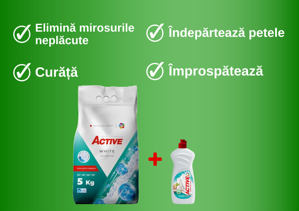 Detergent pudra pentru rufe albe Active, sac 5kg, 68 spalari ...