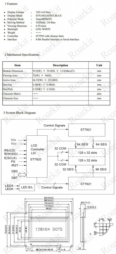 lcd 128*64 DOTS 5V blue screen 12864 LCD with backlight ST7920 Parallel ...