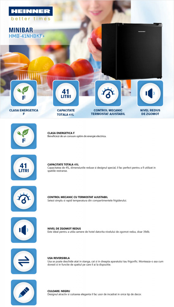 Frigider mini-bar Heinner, 41 l, 44 x 47 x 51 cm, termostat ajustabil ...