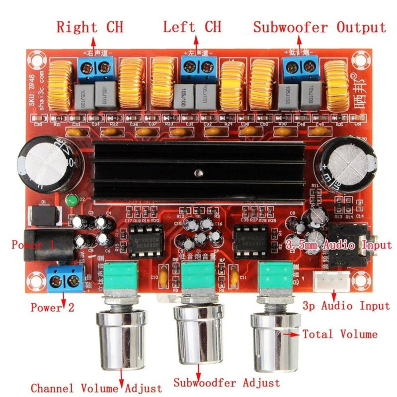 Kit modul AMPLIFICATOR AUDIO stereo 2.1 auto 2 x 50 w + 100w subwoofer clasa D | arhiva Okazii.ro