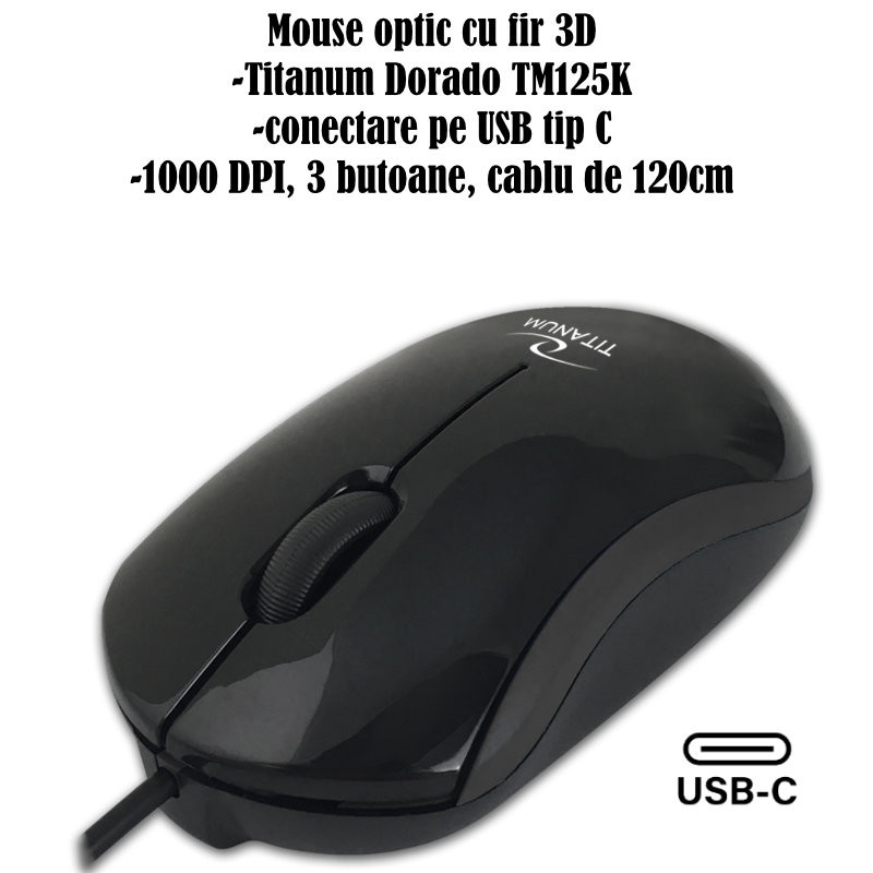 Mouse optic cu fir si conector USB-C, 3D, Titanum 94670, 1000 DPI, 100 ...