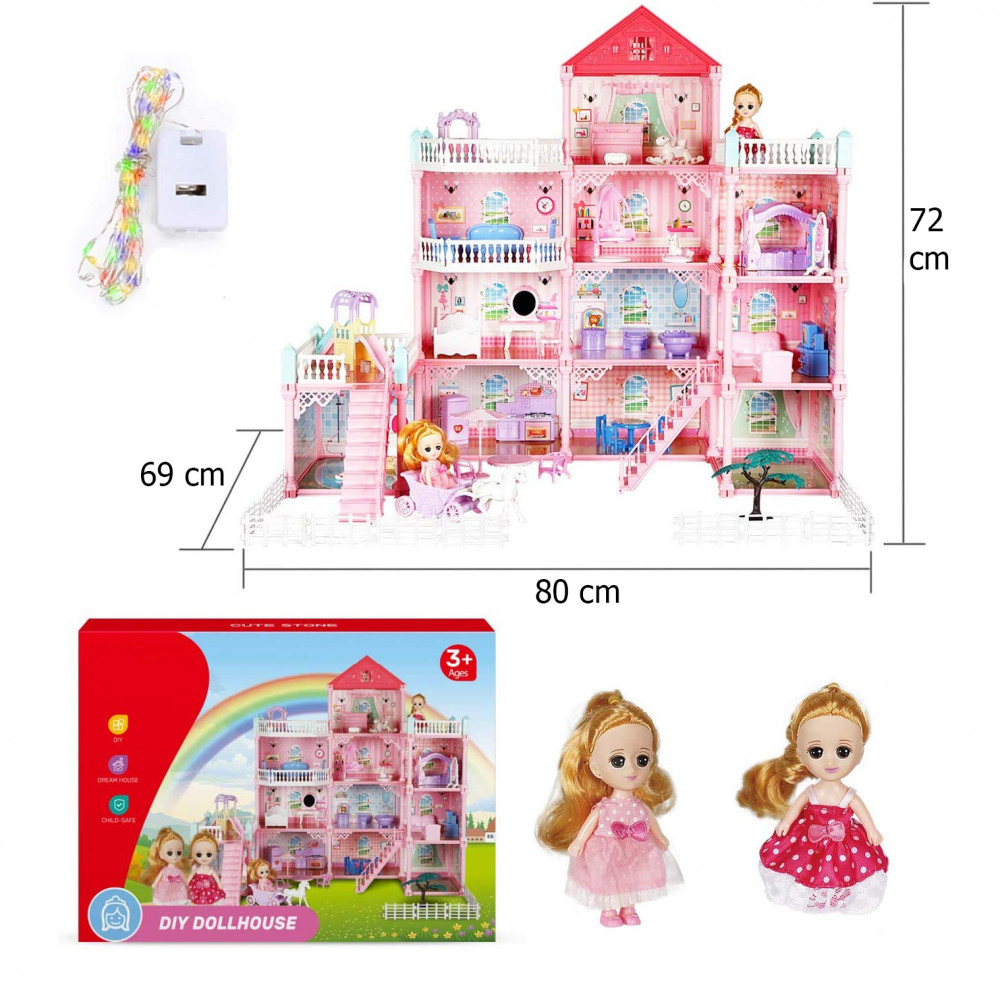 Casa de papusi cu mobilier si jucarii, iluminat cu LED DIY, 80x72x69 cm ...