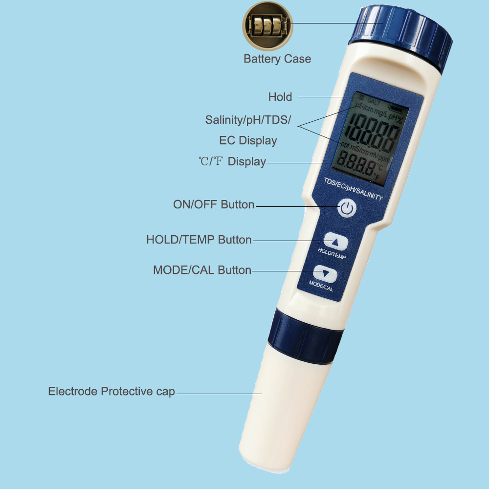 Aparat de masurat calitate apa 5-in-1, PH, salinitate, TDS, EC ...