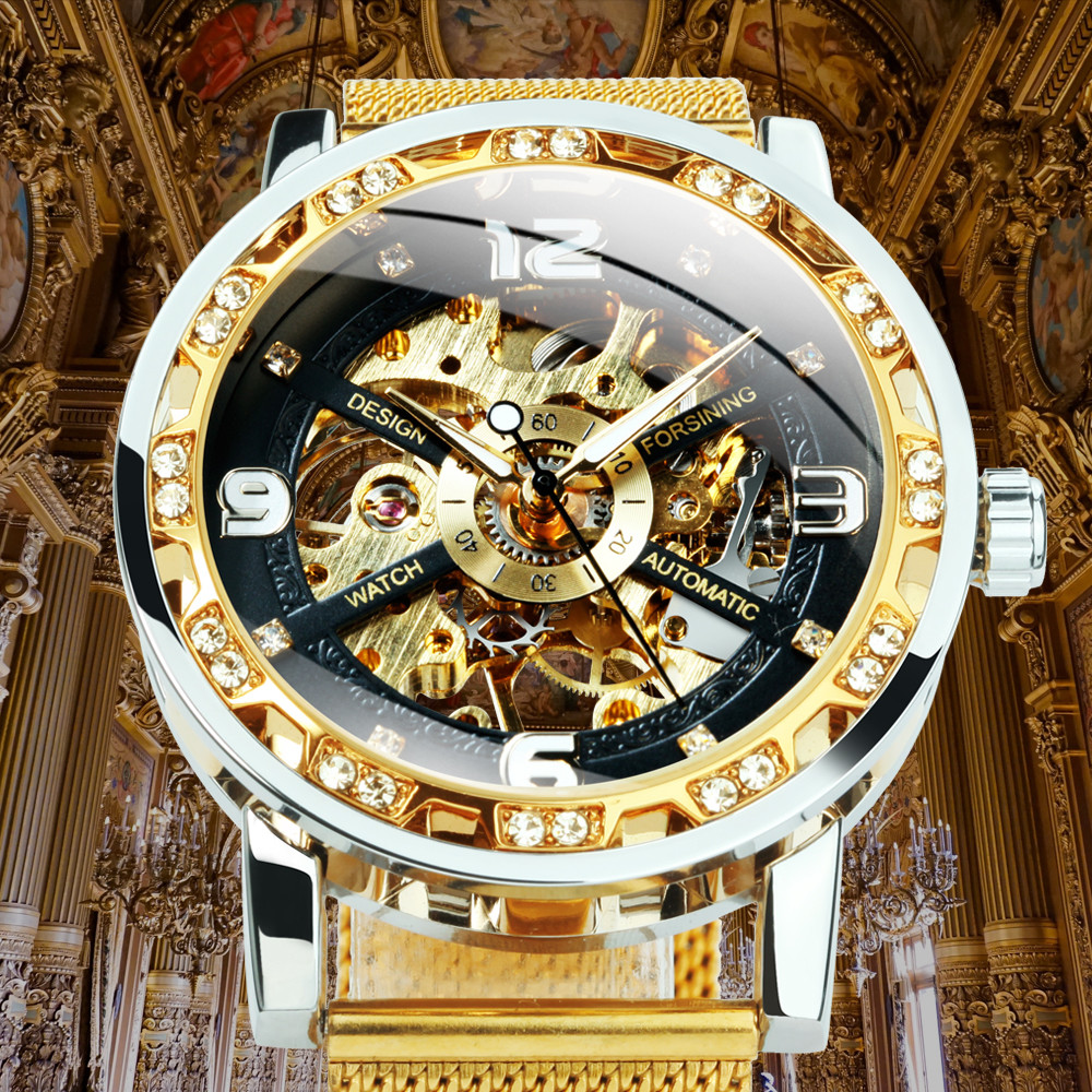 Ceas barbatesc Forsining mecanic, skeleton, bratara inox milaneza ...