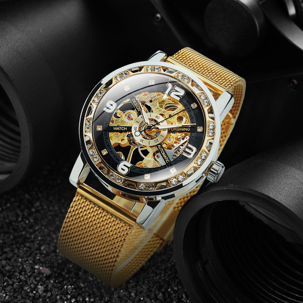 Ceas barbatesc Forsining mecanic, skeleton, bratara inox milaneza ...