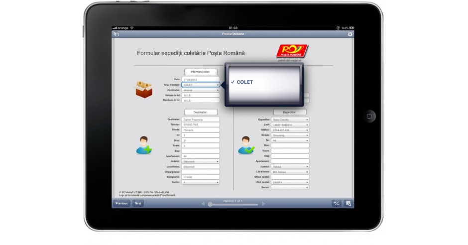 SOFT COMPLETARE MANDAT POSTAL - BULETIN DE EXPEDITIE - POSTA ROMANA ...