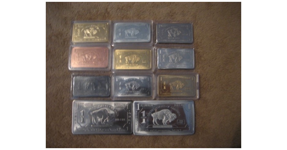 Colectie 11 lingou lingouri 1 uncie aur (placat), cupru, zinc, fier ...