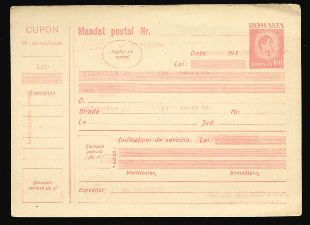 Romania 1947 - Mandat postal marca fixa Mihai 100 Lei roz, varietate ...