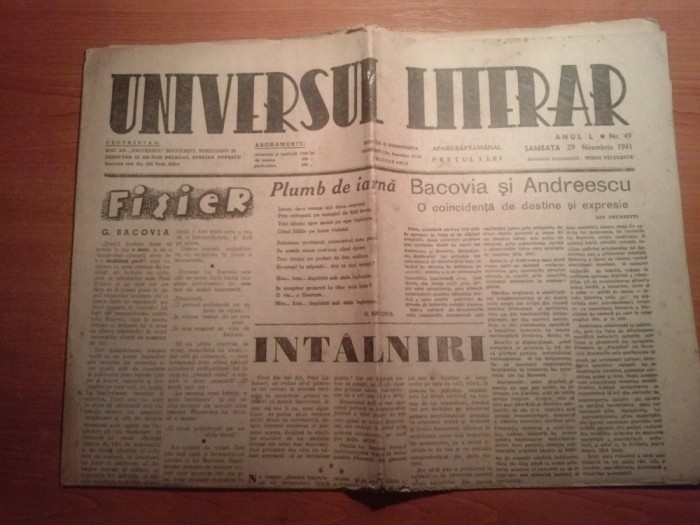 Ziarul universul literar 29 noiembrie 1941-bacovia si andreescu de ion ...