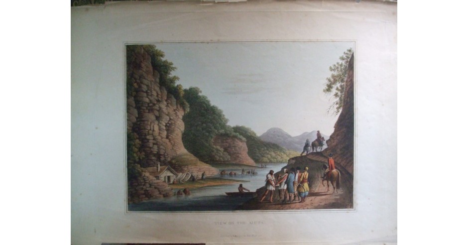 Gravura color vedere pe Olt View on the Aluta Luigi Mayer London 1809 ...