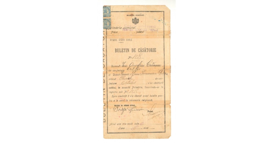 DOCUMENT VECHI -BULETIN de CASATORIE,1932,comuna MARELE VOIEVOD MIHAI ...