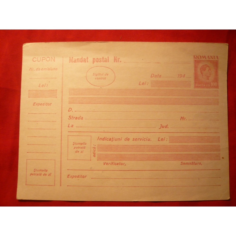 Formular de Mandat Postal 100 Lei rosu Mihai I,hartie usor albastruie F ...