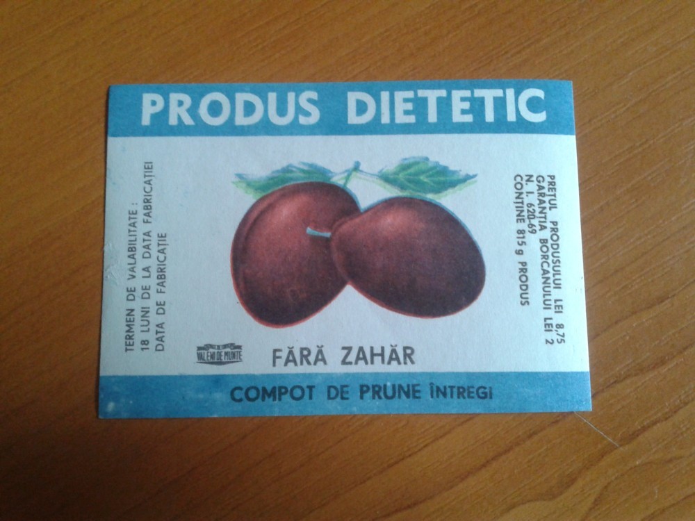 Vintage-eticheta produse alimentare-COMPOT DE PRUNE INTREGI-RAR ...