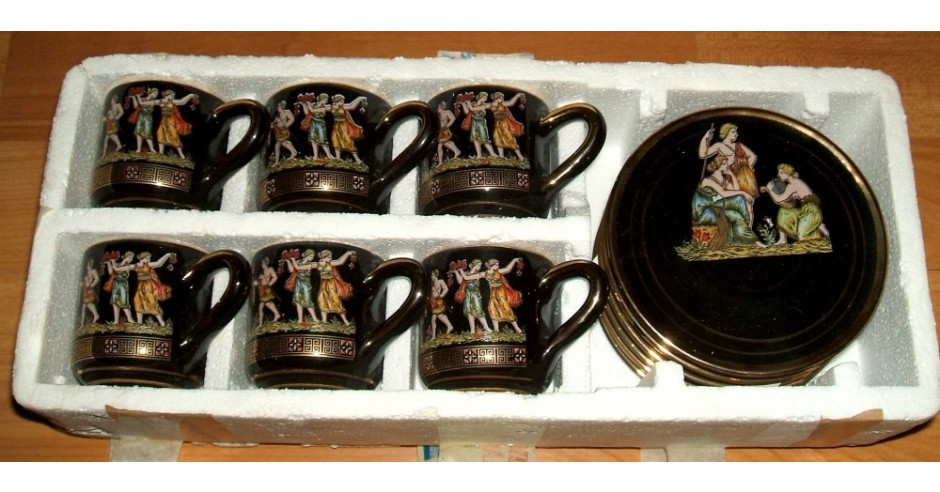 Grecia - Set cafea nefolosit de lux, handmade, aur 24k, 12 piese cesti ...