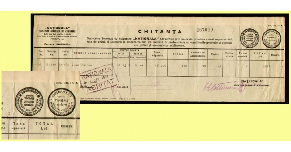 Romania 1944 - Chitanta cu 2 fiscale fixe ABONAMENT pentru TIMBRU si ...