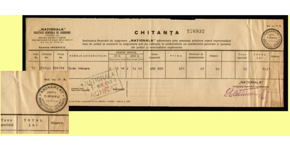 Romania 1945 - Chitanta cu fiscal fix tip III stampila ABONAMENT pentru ...