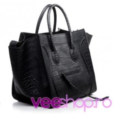 Geanta Celine mare, neagra, cu imprimeu crocodil, din piele ecologica ...