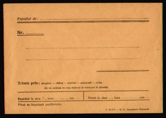 Plic neuzat Posta Militara Secreta transport prin curier, perioada ...