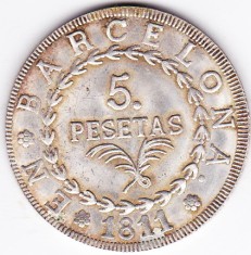Spania moneda URIASA 5 PESETAS Barcelona 1811,replica argintata a ...