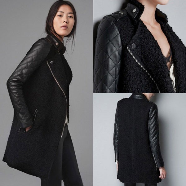 Palton jacheta lunga ZARA WOMAN stofa lana creata neagra cu piele eco ...