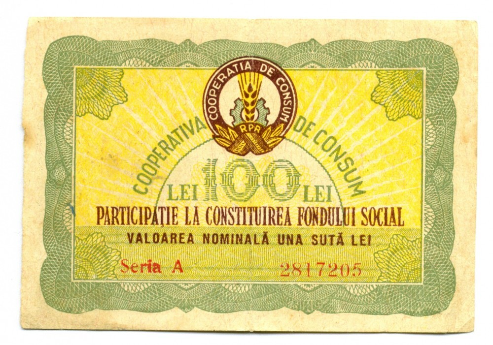 BON VALORIC 100 LEI COOPERATIVA. DE CONSUM ANUL 1959 LOC SACALAZ RAION ...