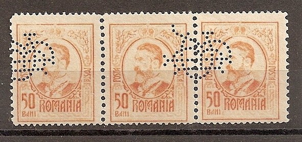 SD Romania 1908 LP66- Carol I gravate, 50 Bani, streif de 3 timbre ...