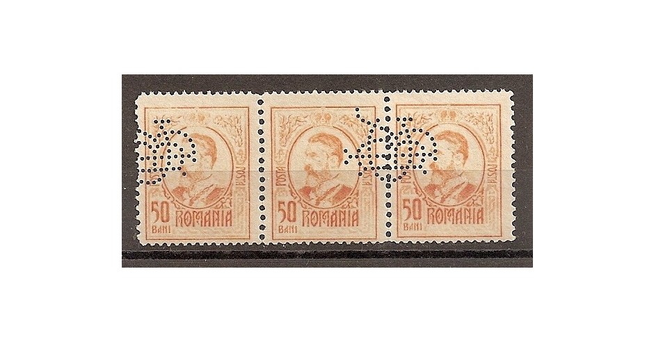 SD Romania 1908 LP66- Carol I gravate, 50 Bani, streif de 3 timbre ...