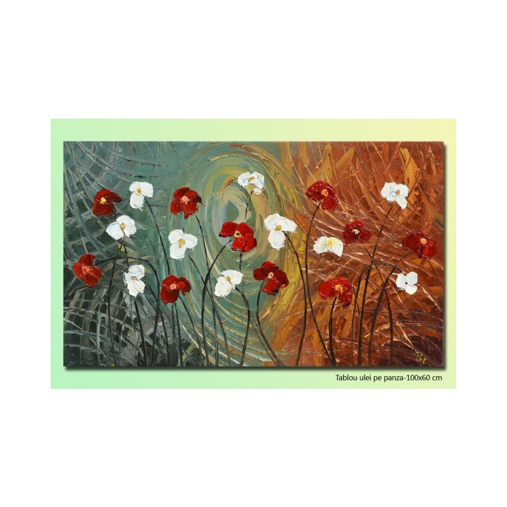 Tablou cu maci albi si rosii - tablou living, dormitor - 100x60cm ...