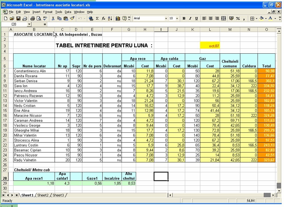Proiect Excel - Intretinere asociatie locatari | arhiva Okazii.ro