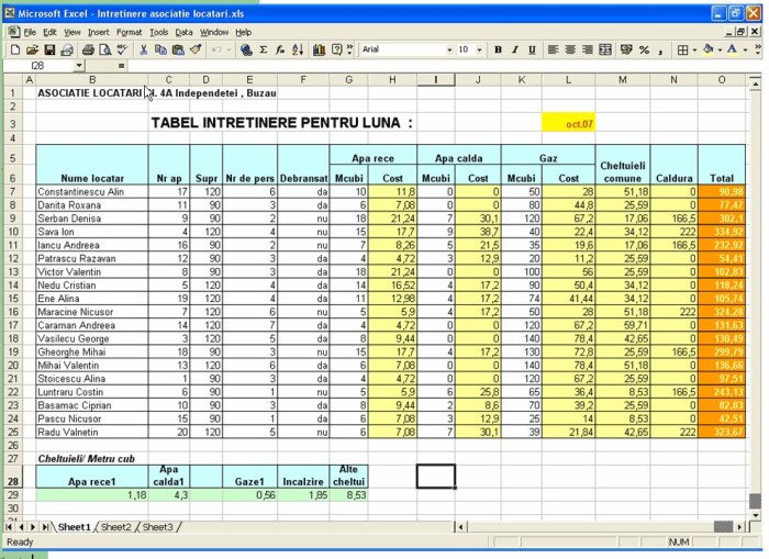 Proiect Excel - Intretinere asociatie locatari | arhiva Okazii.ro