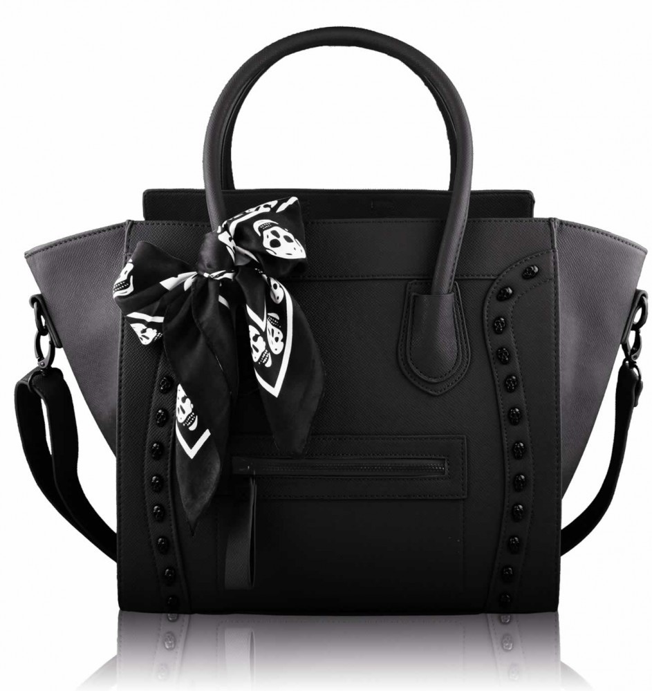 Geanta dama neagra model Celine cu cap de schelet si esarfa neagra cu ...