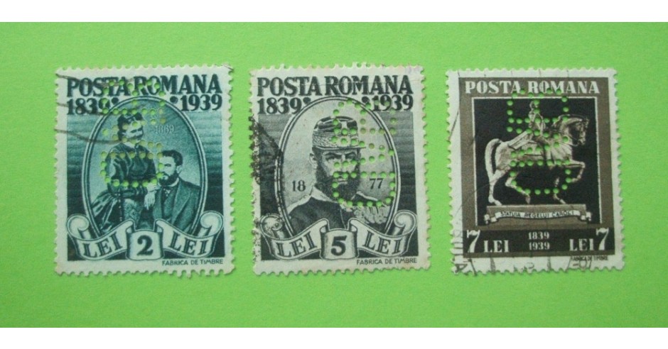 ROMANIA 1939 / TREI VALORI PERFIN BVD / CENTENARUL NASTERI LUI CAROL I ...
