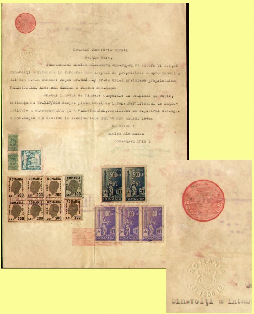 Romania 1943 - Coala fiscala 1200 Lei rosu, hartie timbru fiscal fix si ...