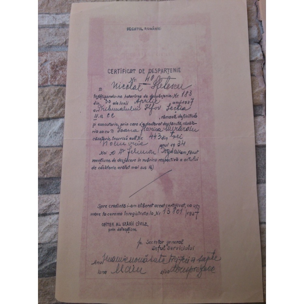 Copie originala CERTIFICAT DE DESPARTIRE/DIVORT perioada REGATULUI ...