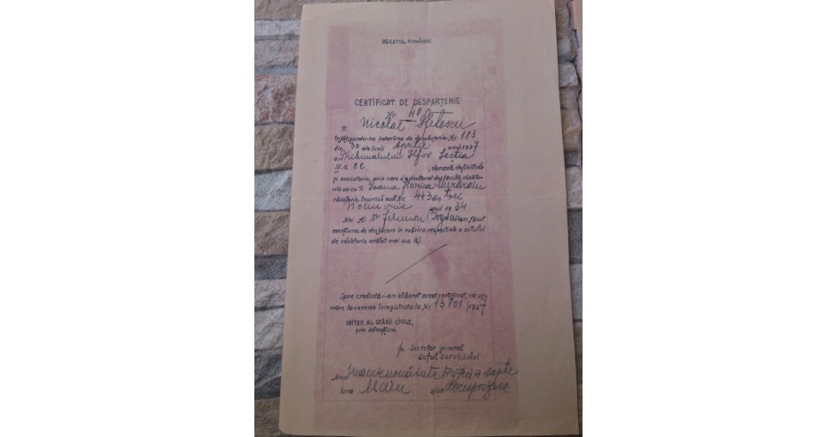 Copie originala CERTIFICAT DE DESPARTIRE/DIVORT perioada REGATULUI ...