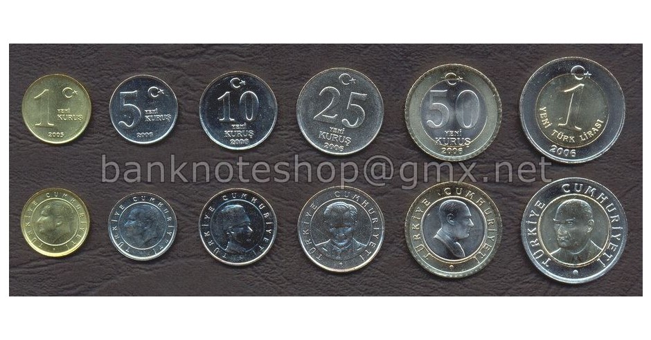 TURCIA SET COMPLET DE MONEDE ? 1, 5, 10, 25, 50 Yeni Kurus, 1 Yeni Lira ...